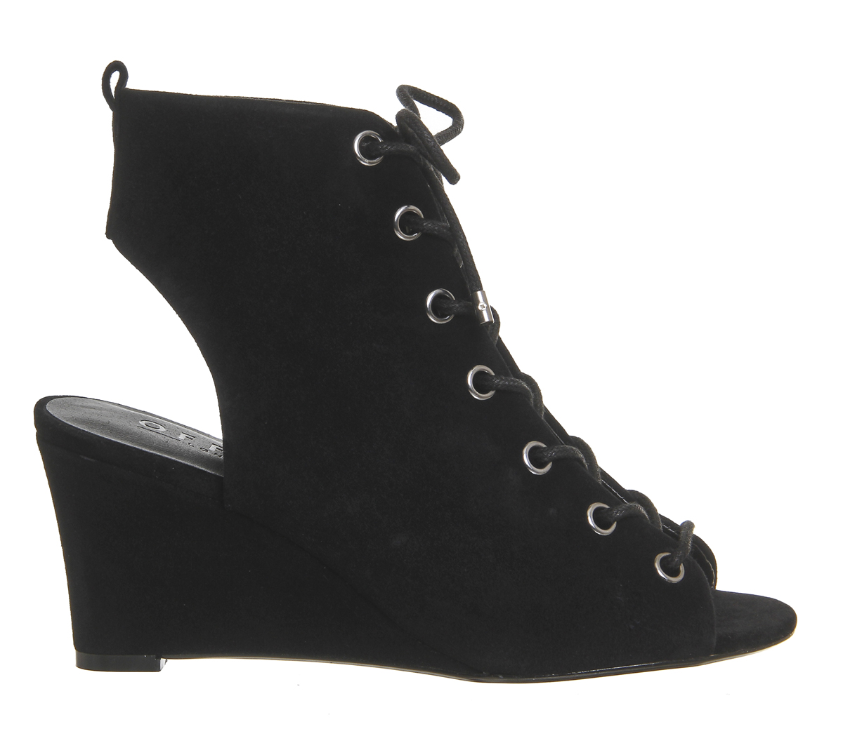 OFFICE Fine Line Lace Up Wedges Black Suede - High Heels