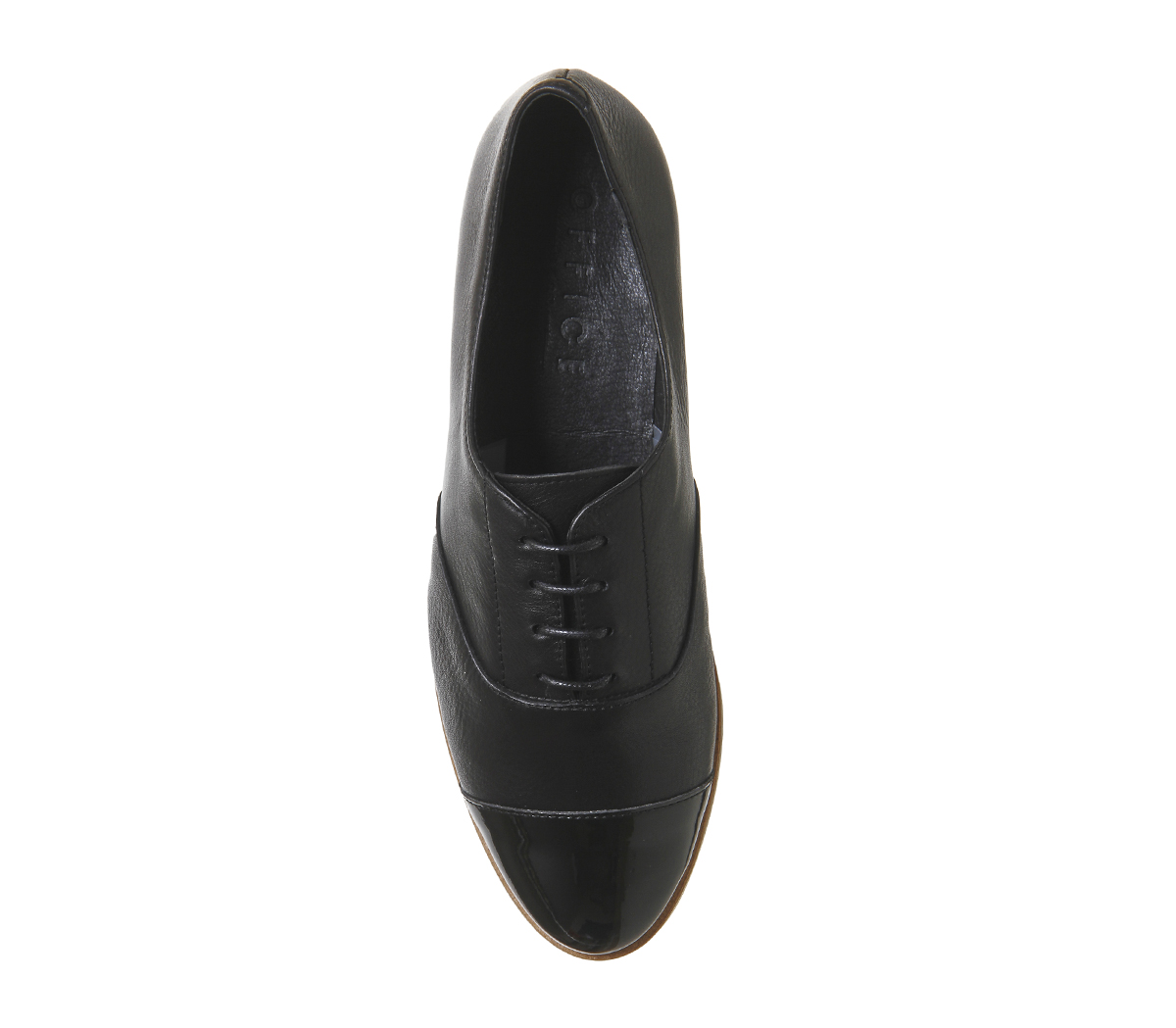 OFFICE Damsel Toe Cap Lace Up Flats Black Leather Black Patent Toe Cap ...