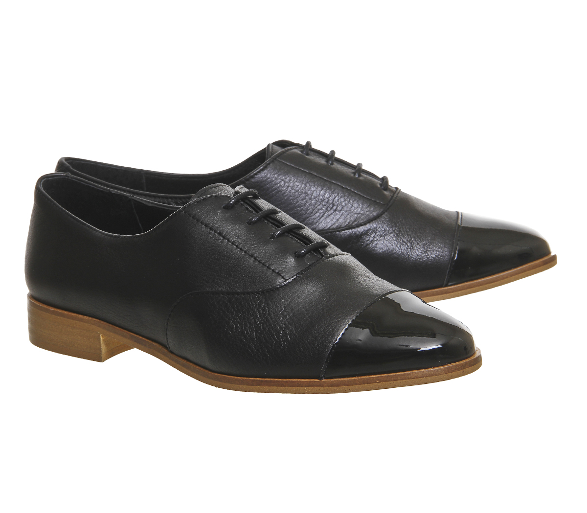 OFFICE Damsel Toe Cap Lace Up Flats Black Leather Black Patent Toe Cap ...
